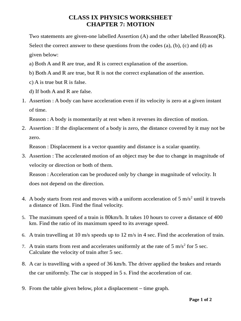 Class Ix Physics Worksheet | PDF | Velocity | Acceleration