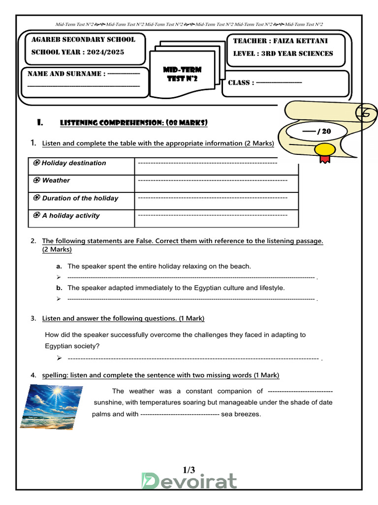 Devoir de Contrôle N°2 - Anglais MID TERM TEST - 3ème Sciences exp ...