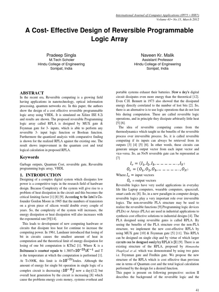 A Cost Effective Design Of Reversible Programmable Logic Array Download Free Pdf Vhdl