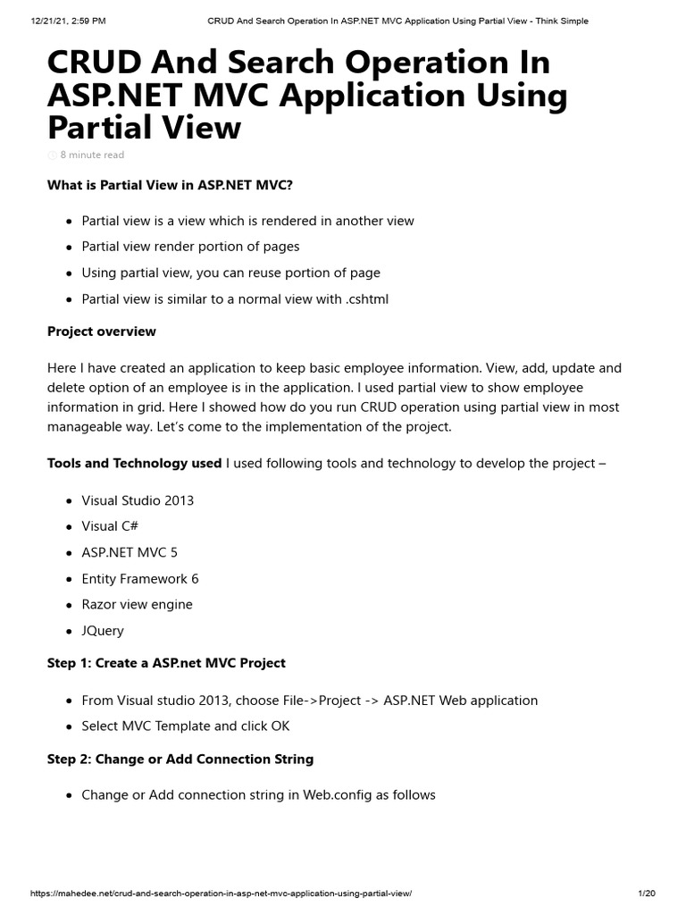 CRUD and Search Operation in ASP - Net MVC Application Using Partial ...