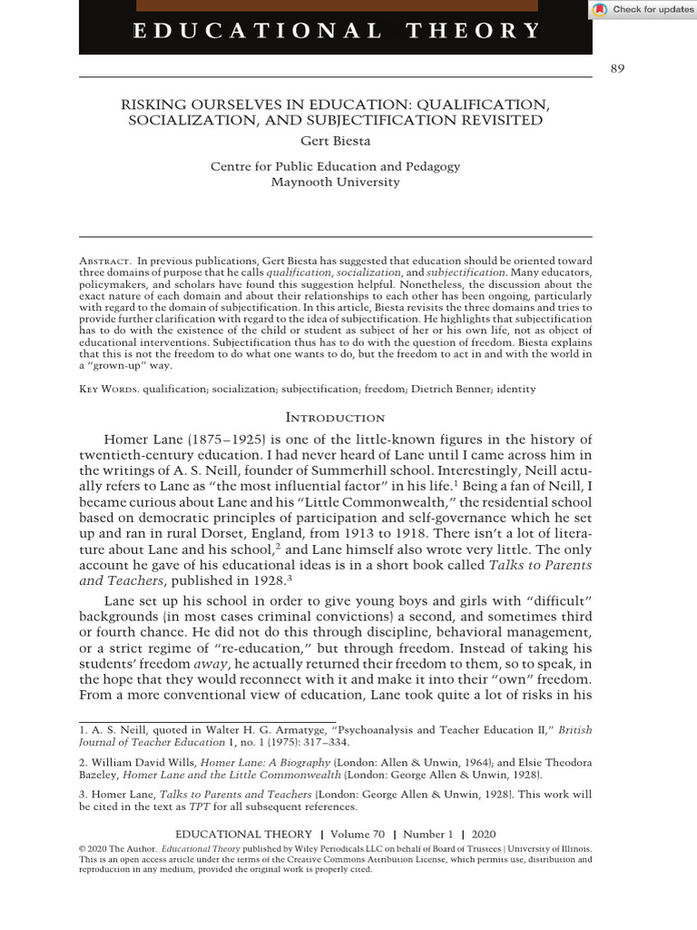 Educational Theory - 2020 - Biesta - Risking Ourselves in Education ...