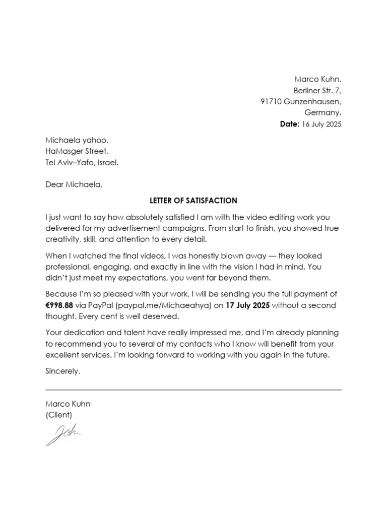 Letter of Satisfaction To Michaela Yahoo | PDF