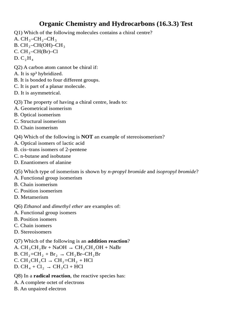 Organic Chemistry Hydrocarbons Test Guide | PDF | Isomer | Functional Group