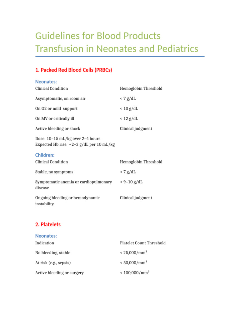 Blood Transfusion Guidelines Pediatrics | PDF