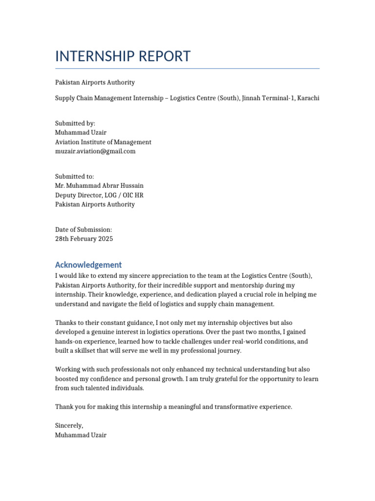 Internship Report Muhammad Uzair | PDF | Aviation Accidents And ...