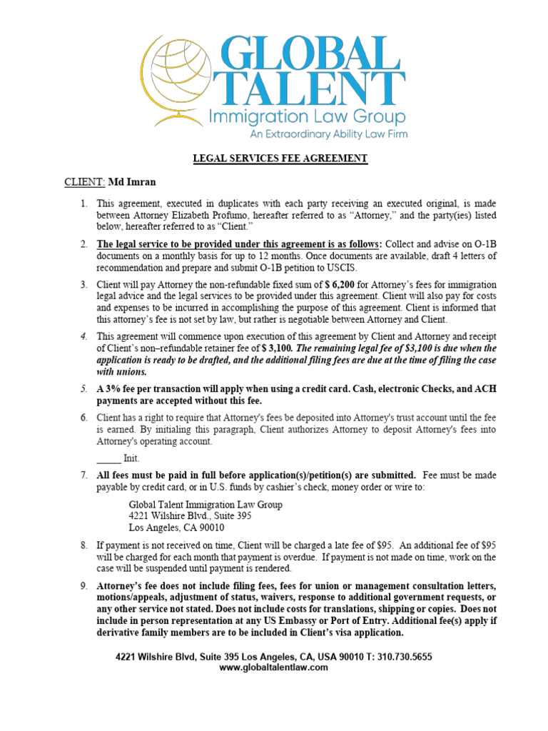 O-1B Legal Services Fee Agreement | PDF | Lawyer | Attorney's Fee