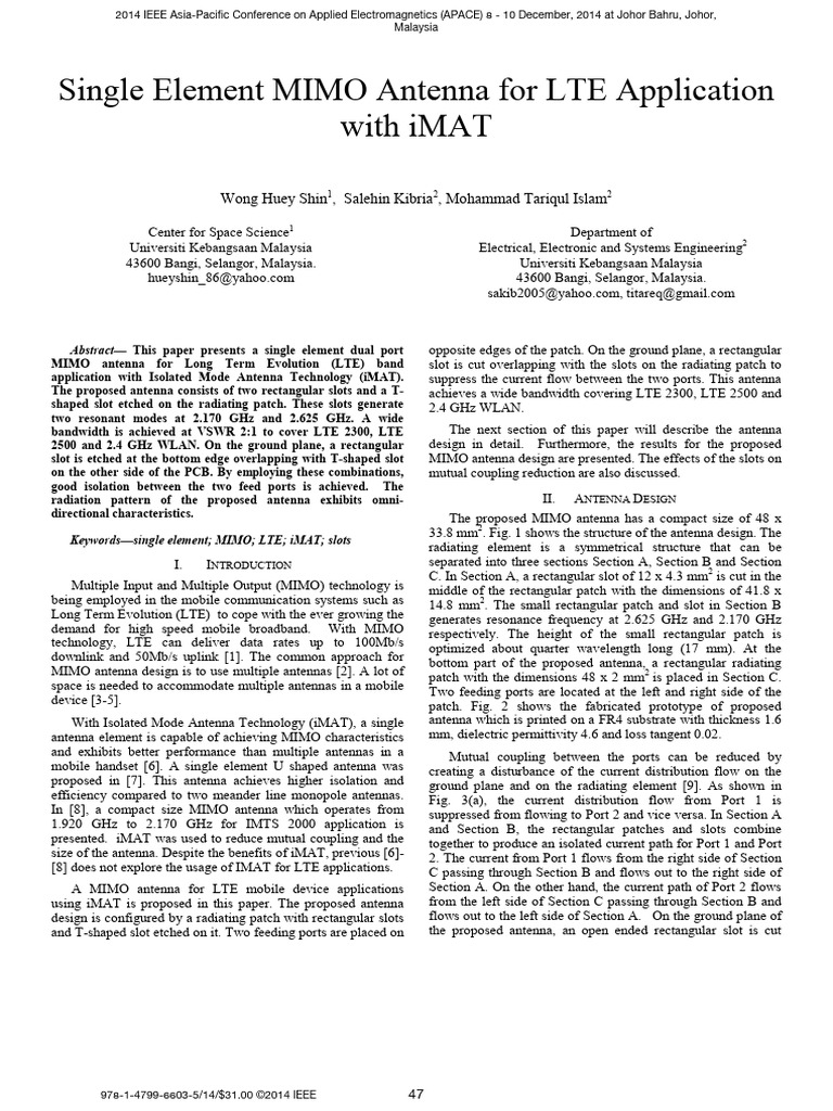 Shin2014 Single Element MIMO Antenna For LTE Application With IMAT ...