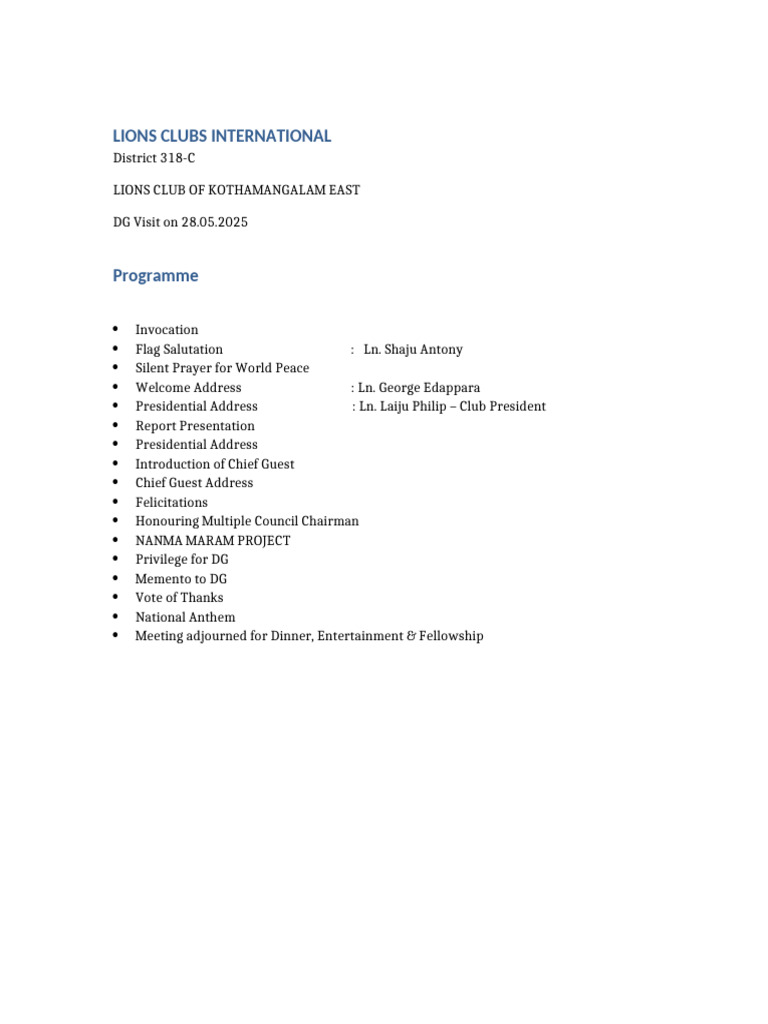 DG Visit Program for Lions Club 318-C | PDF
