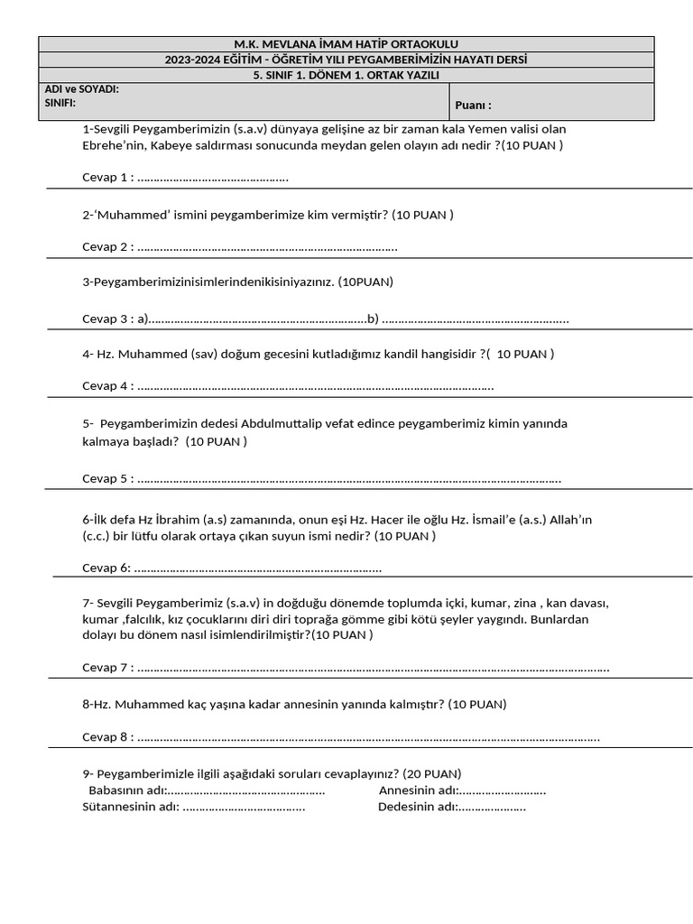 5 Peygamberimizin Hayat 2023 2024 1. D Nem | PDF