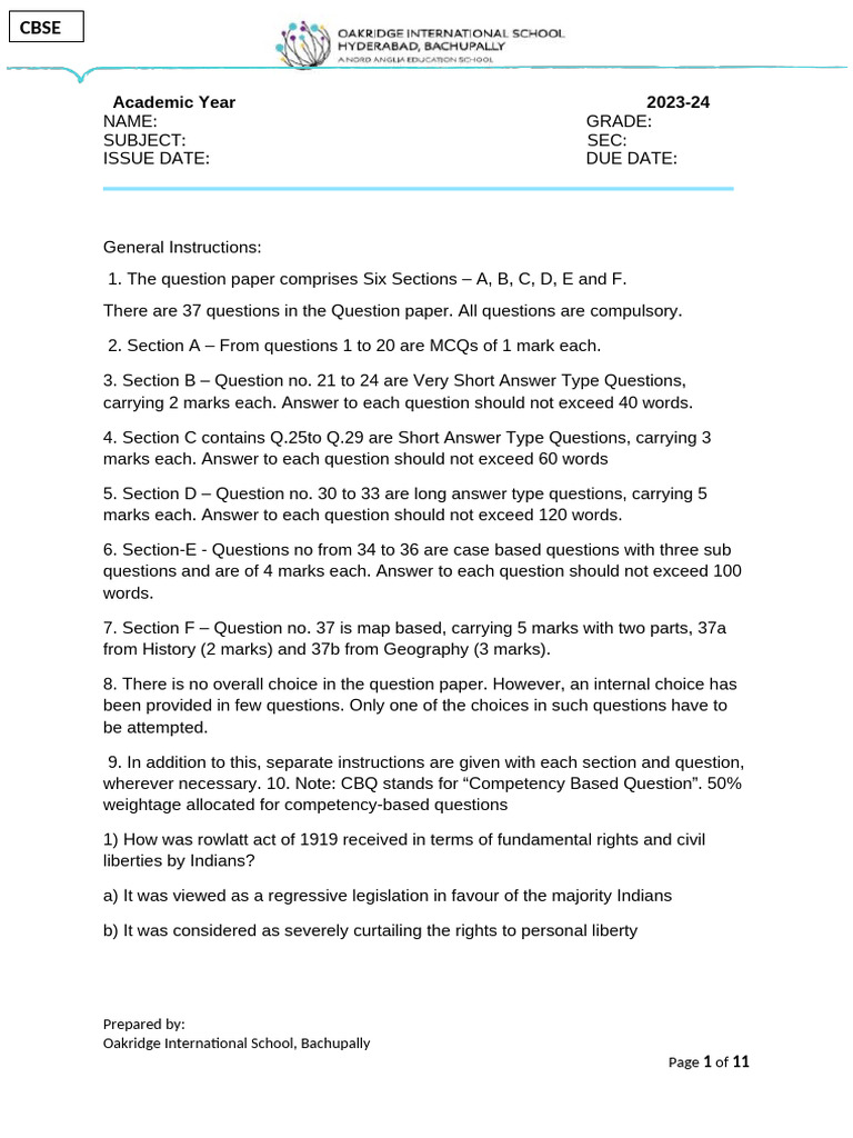 Oisb Cbse Grade10 Social Preboard 1 2023-24 | PDF | Economies