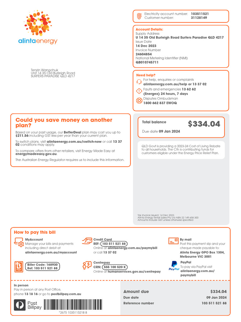 Alinta Energy Bill Payment Details | PDF | Cost Of Living