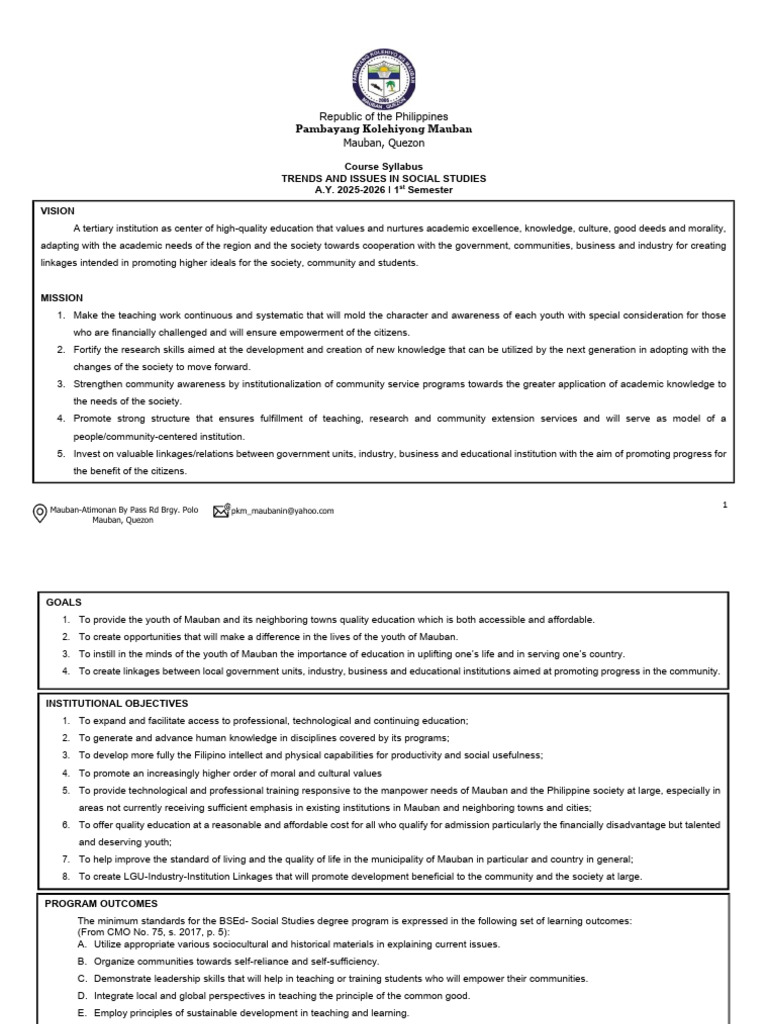 Social Studies Course Syllabus 2025-2026 | PDF | Learning | Ecology
