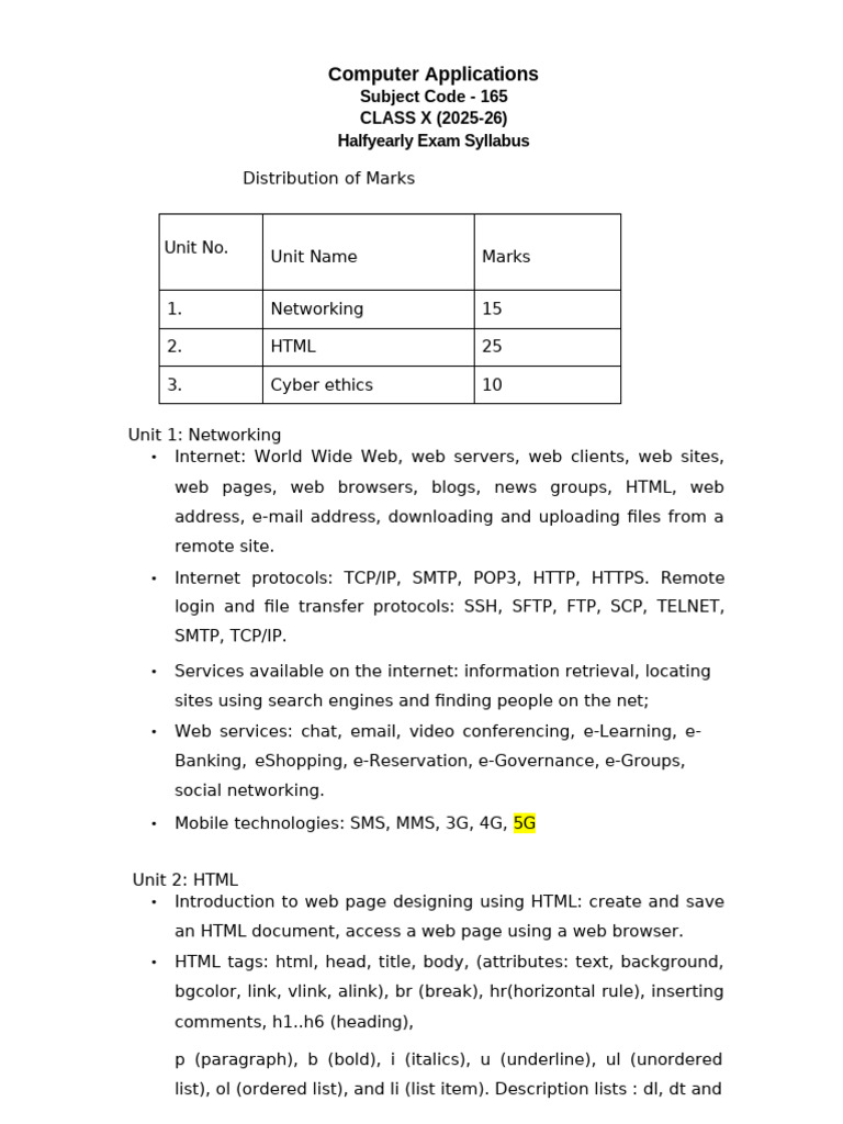 Computer Applications Code 165 Syllabusforhalfyearly2025 26 Class10 | PDF