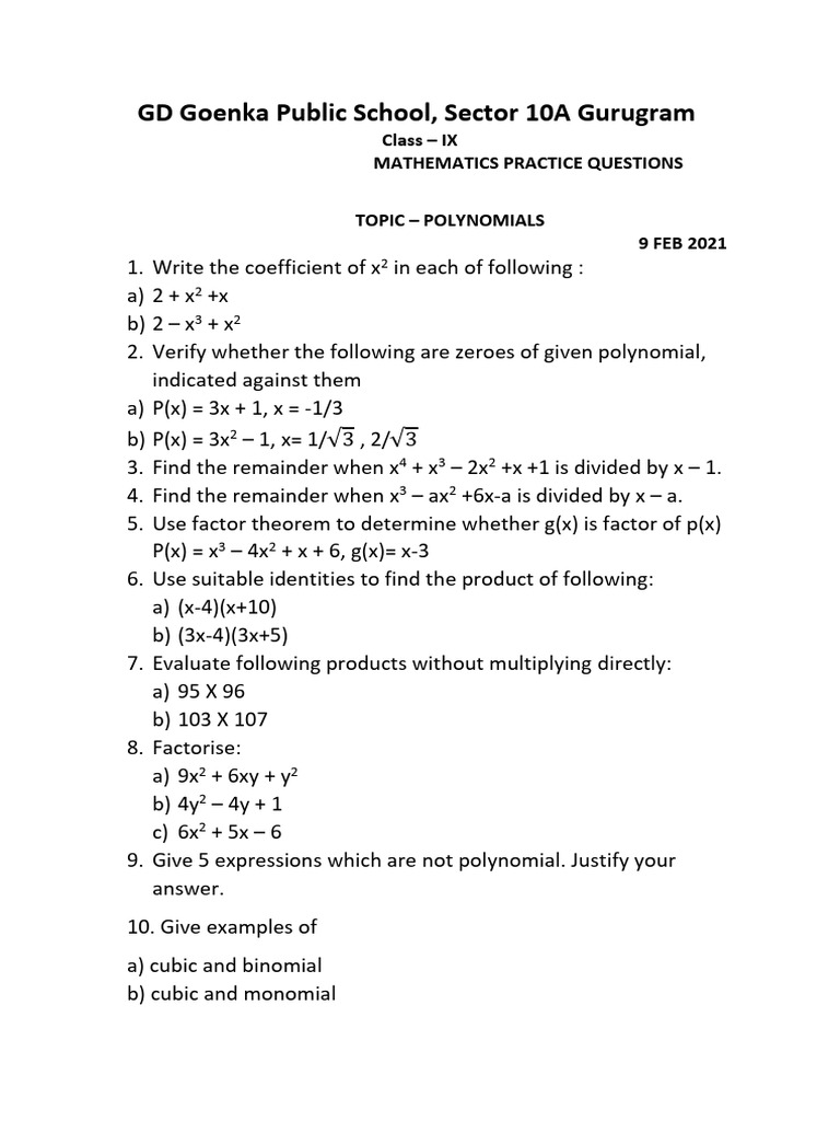Class IX Mathematics: Polynomials Practice | PDF