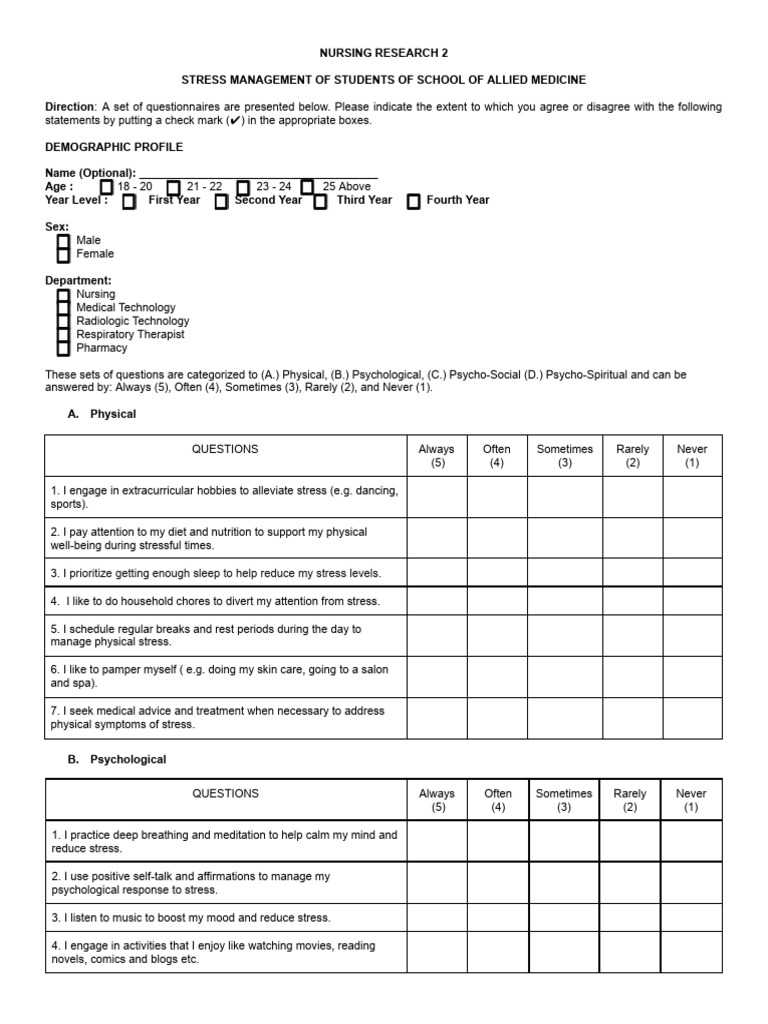 Questionnaires For Our Research Entitled "STRESS AND COPING MECHANISMS ...