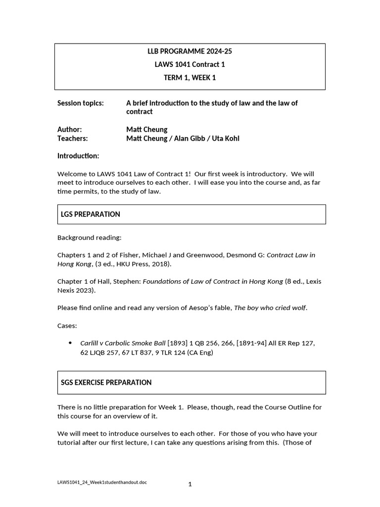 LAWS 1041 Contract Law Week 1 Guide | PDF