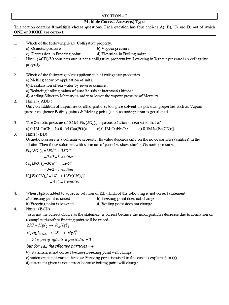 Colligative Properties - With Hints | PDF | Physical Chemistry | Chemistry