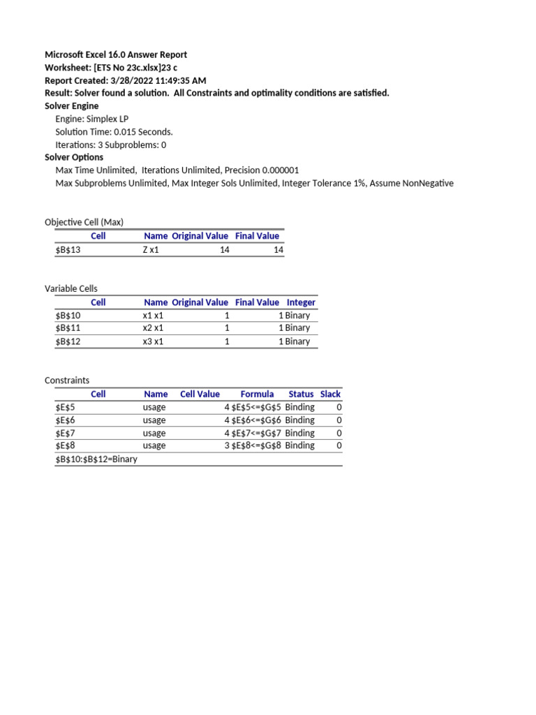 Excel Solver Report: Optimal Solution Found | PDF
