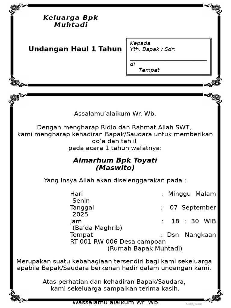 Undangan Haul 1 Tahun Bpk Toyati | PDF
