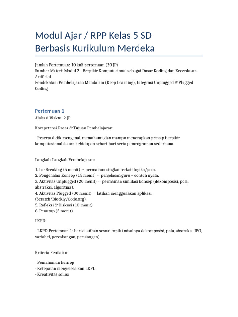 Modul Ajar RPP Kelas5 KM | PDF