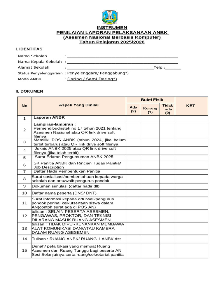 Instrumen Penilaian Laporan Anbk | PDF
