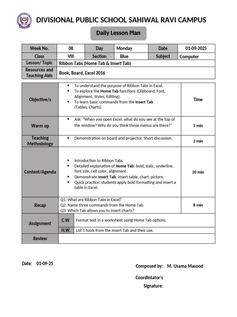 Class VIII Planner Week 8-2025 | PDF | Microsoft Excel | Lesson Plan
