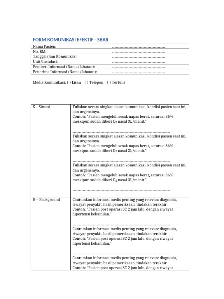 Form Komunikasi Efektif SBAR Tabel | PDF