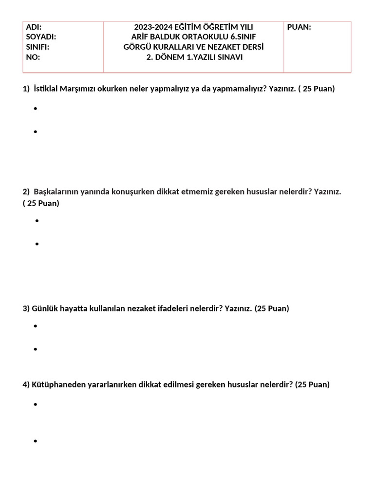Görgü Kuralları Ve Nezaket Dersi 2. Dönem 1. Yazılı Soru Ve Cevapları ...