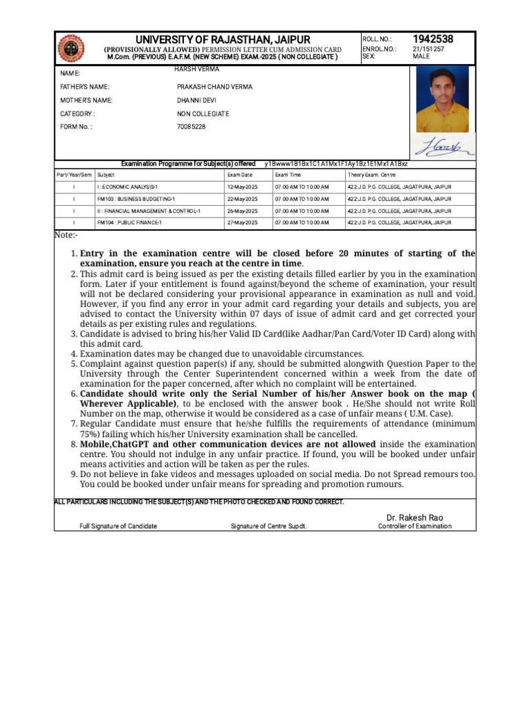M.Com Admission Card 2025 - Rajasthan | PDF