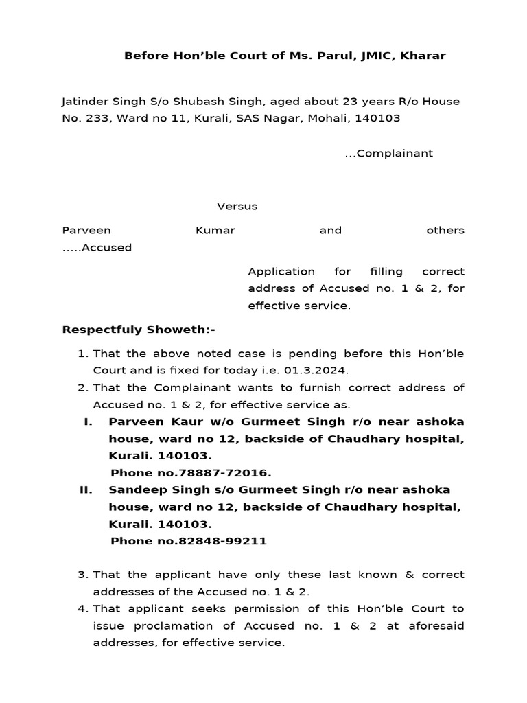 Correct Address Application for Accused | PDF | Affidavit | Evidence