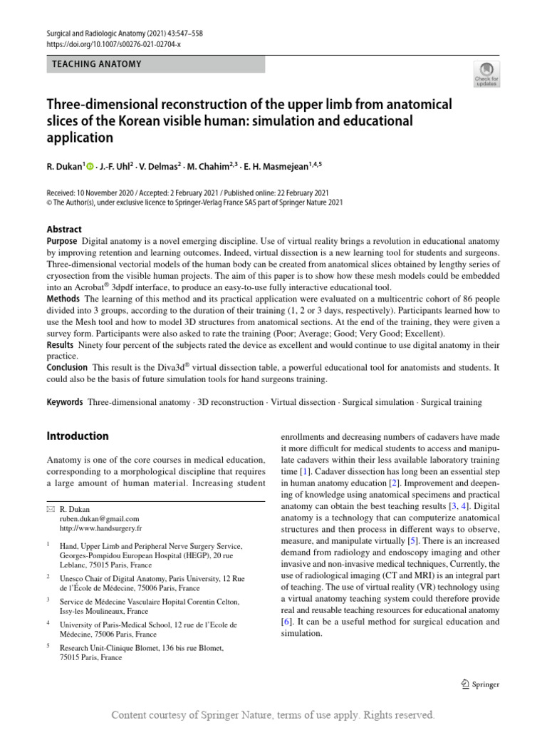 Three Dimensional Reconstruction of The Upper Limb From Anatomical ...