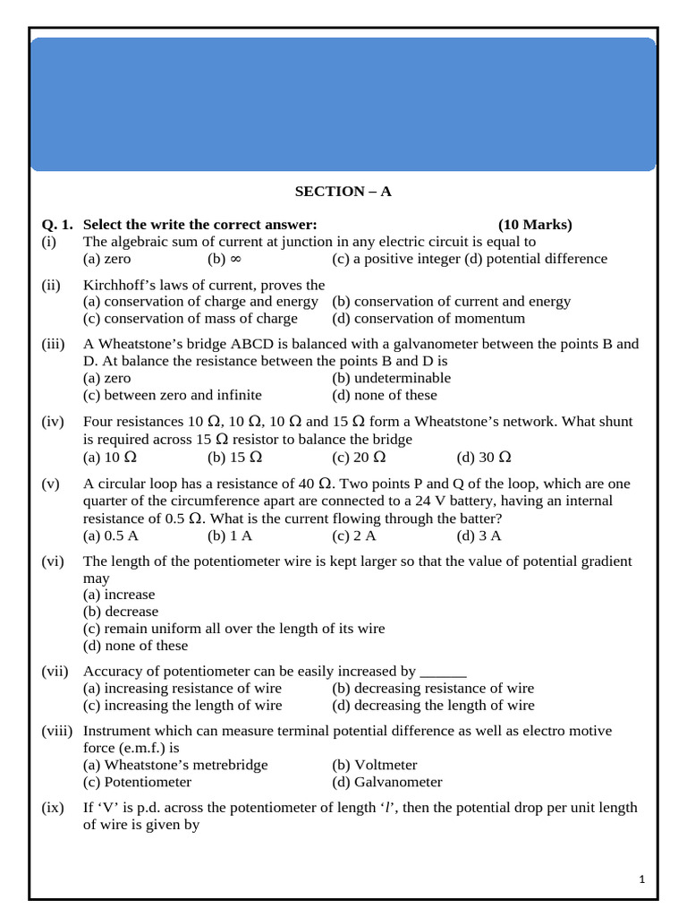 Current Electricity Exam Questions | PDF | Series And Parallel Circuits ...