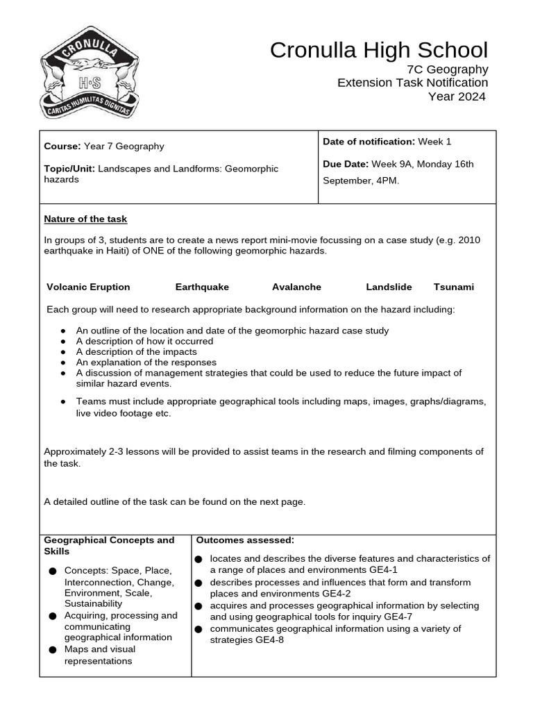 7C Geography Geomorphic Hazards Task | PDF | Geography | Hazards