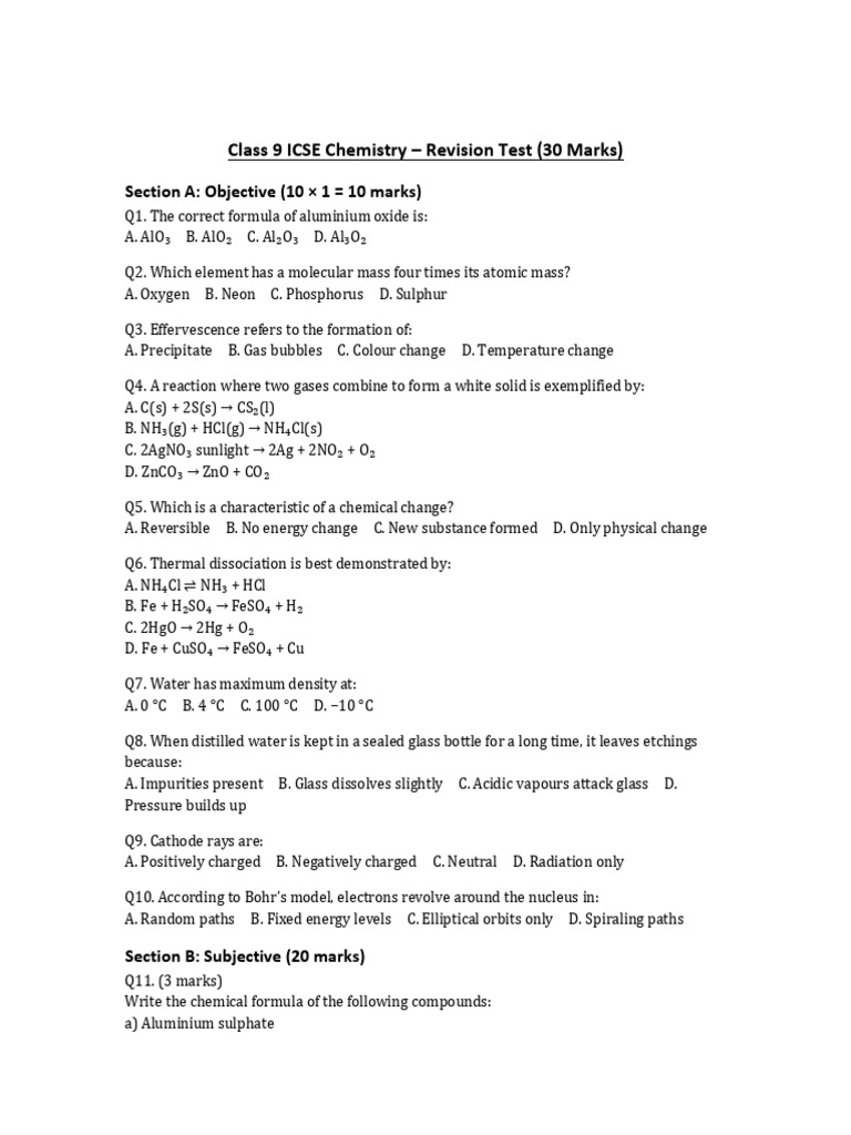 Class 9 ICSE Chemistry Revision Test | PDF