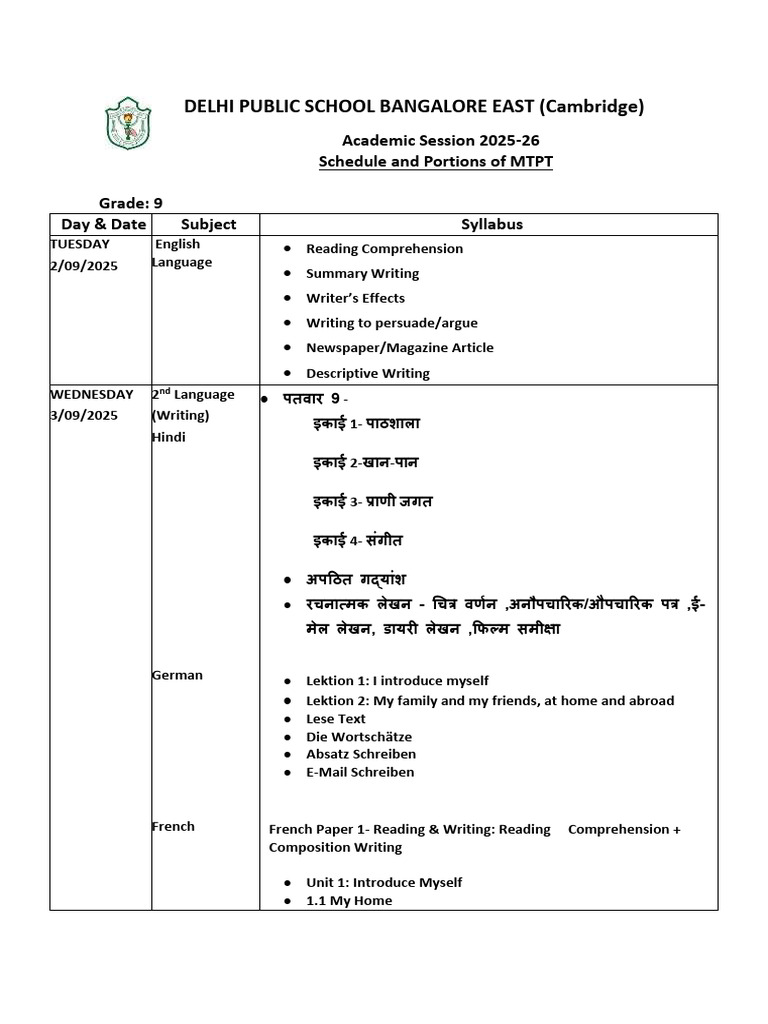 Grade 9 MTPT Schedule 2025-26 | PDF | Equations | Demand