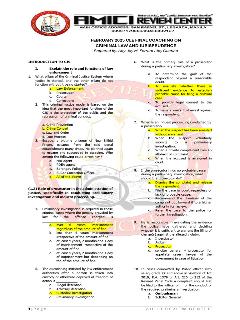 2025 CLJ FC by Atty. JMF Joy With Answer | PDF | Search And Seizure | Crimes