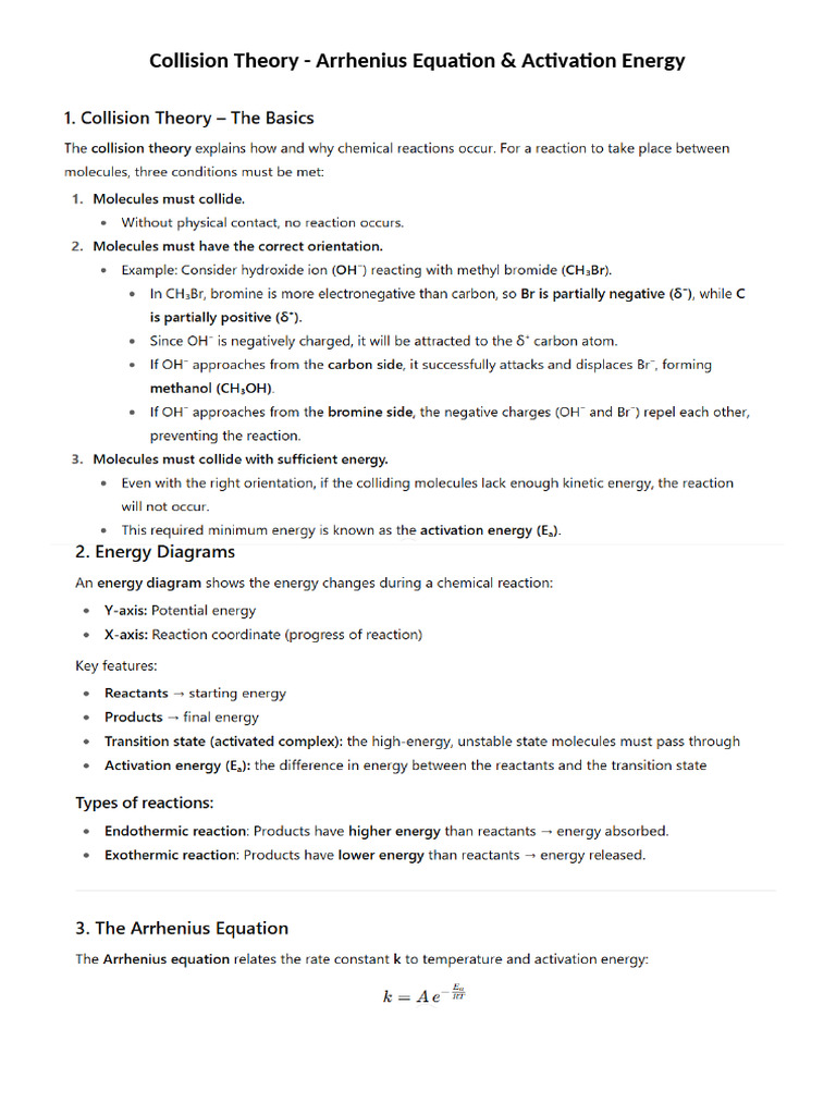 Collision Theory Arrhenius Equation & Activation Energy | PDF