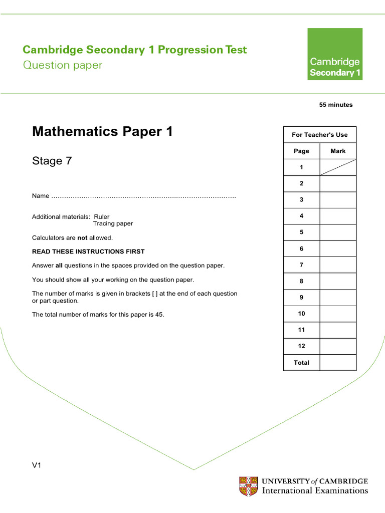 Cambridge Secondary Progression Test - Stage 7 Math Paper 1 | PDF ...