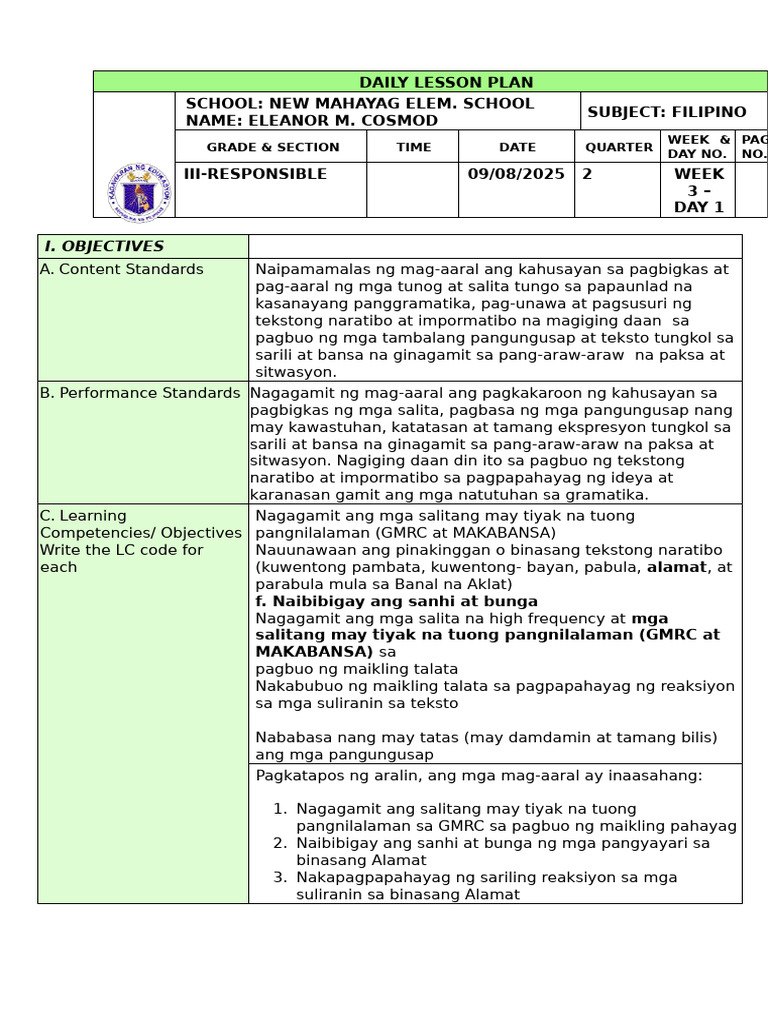 Filipino3 Q2 WK3 D1 | PDF