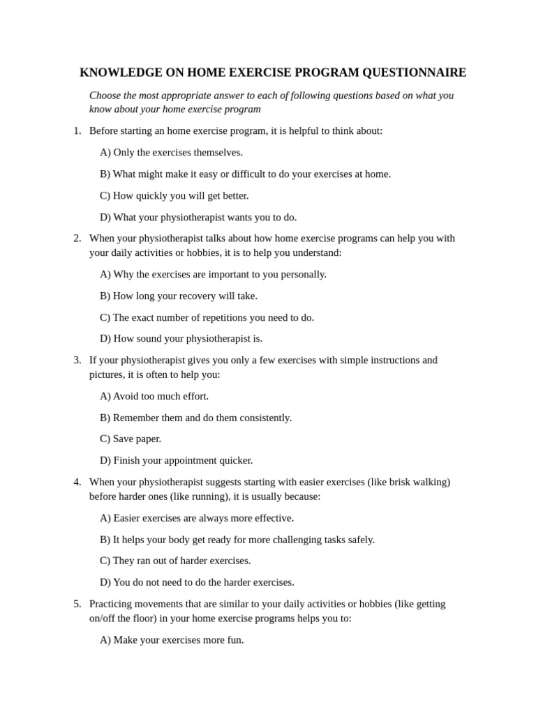Home Exercise Program Questionnaire | PDF | Physical Fitness