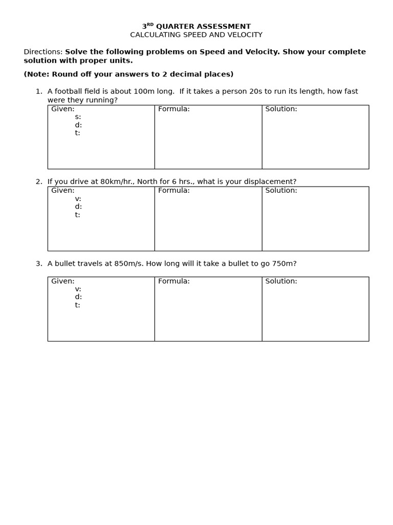 3rd Quarter Assessment Speed and Velocity | PDF | Velocity | Acceleration
