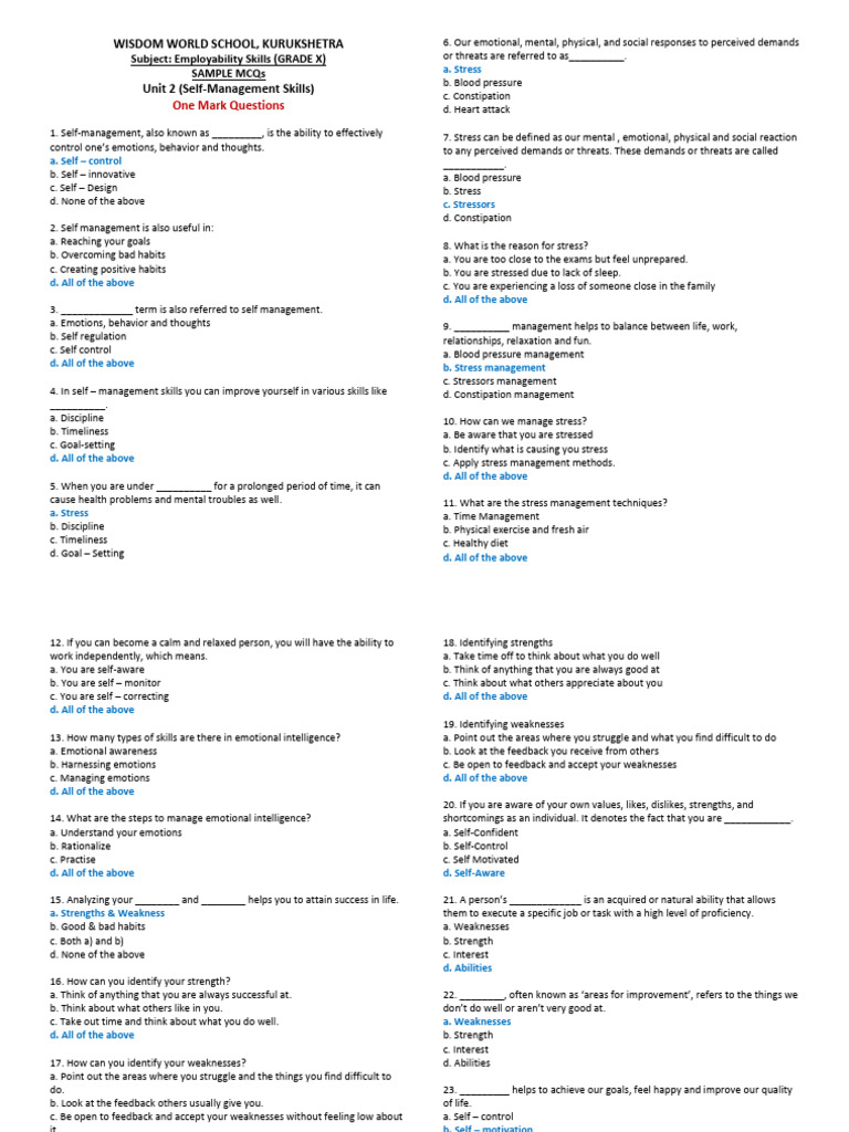 MCQs - Unit 2 (Grade 10) | PDF | Goal | Stress (Biology)