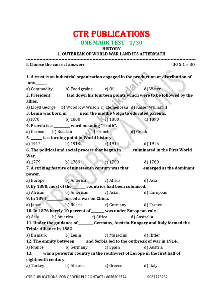 10th Social Science One Mark Test Q & A - 1 EM | PDF | World War I ...