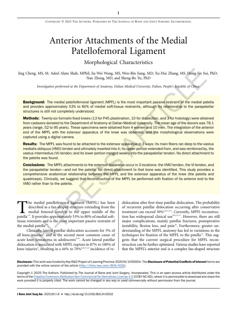 Anterior Attachments of The Medial Patellofemoral Ligament | PDF | Knee ...