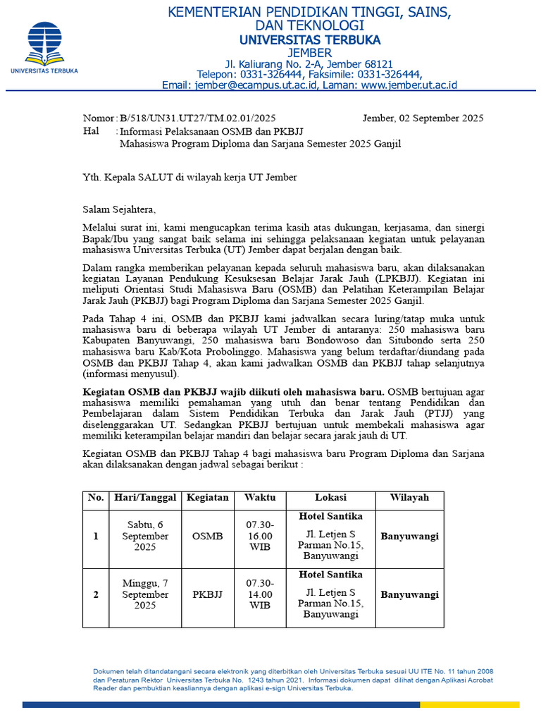 OSMB dan PKBJJ Mahasiswa UT Jember 2025 | PDF