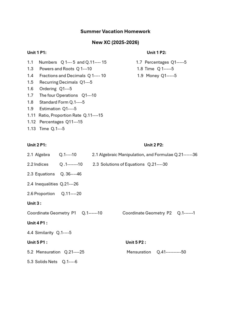 Summer Vacation Homework XC | PDF