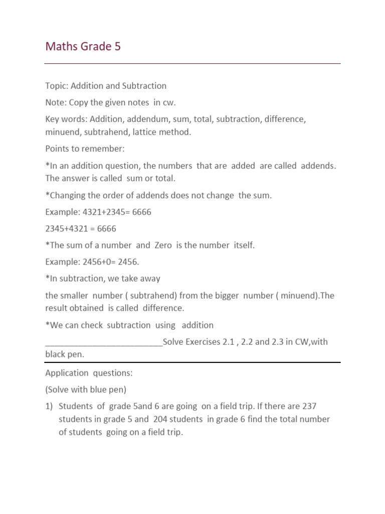 Class Work - Grade 5 | PDF