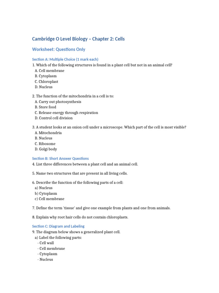 O Level Biology Chapter 2 Questions | PDF