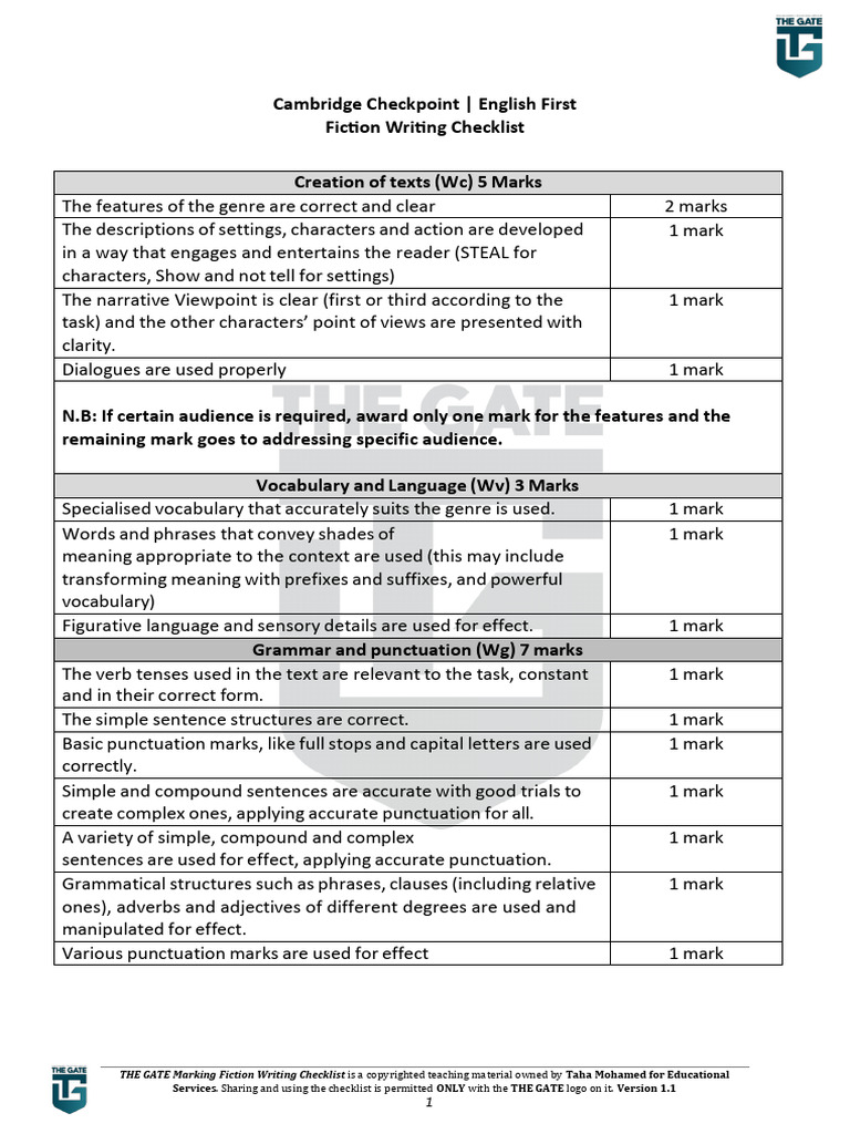 Fiction Writing Marking Checklist | PDF | Word | Language Families