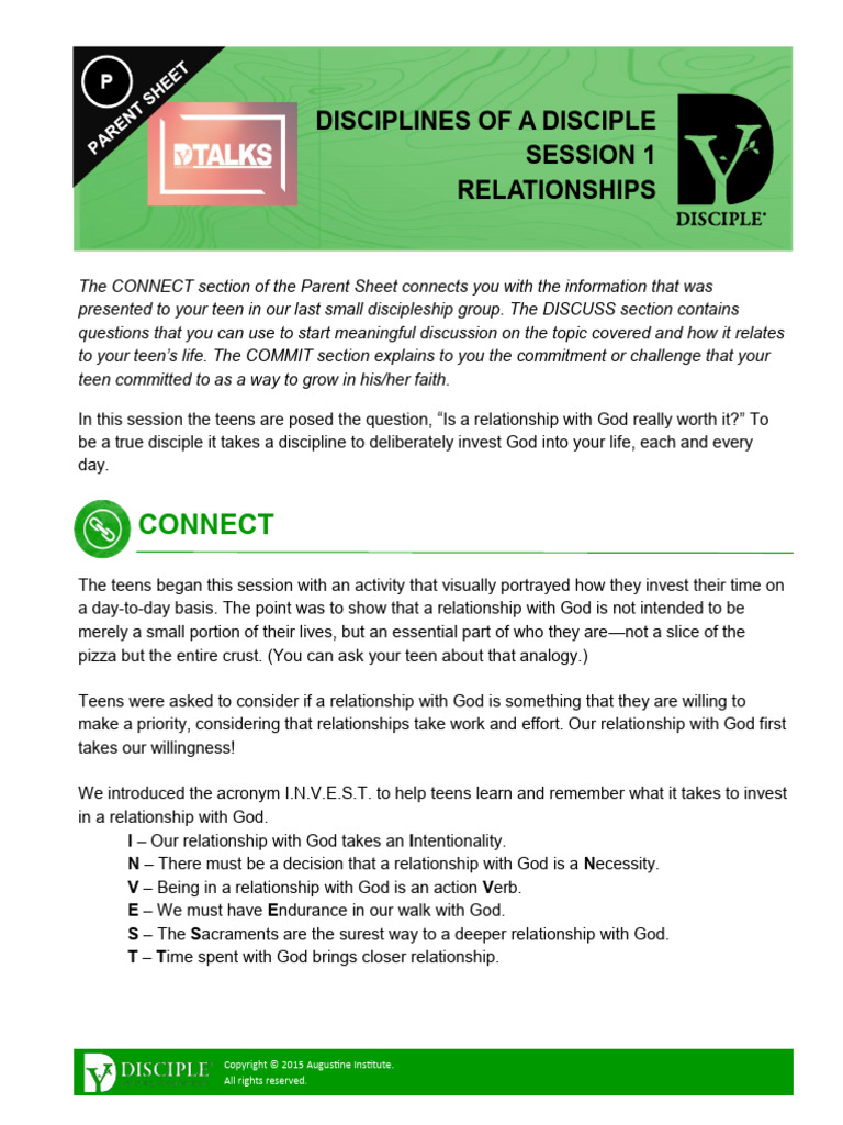 Session 1 - Disciplines of A Disciple - Parent Sheet | PDF | Disciple (Christianity) | Christian ...
